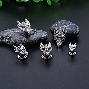 POBAISITER 1 Pair Stainless Steel Dragon Head Ear Gauges Tunnels Jewelry For Man For Woman Body Piercing Jewelry 2g-1/2 Inch Ear Stretcher Plugs