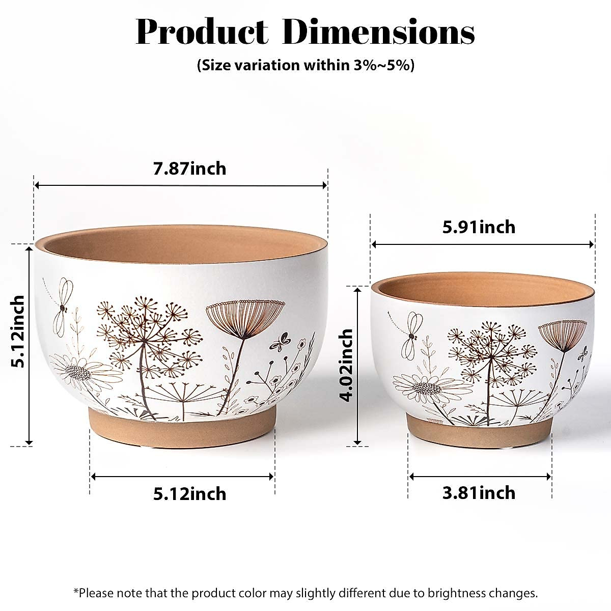 YBX 8 Inch + 6 Inch White&Terracotta Flower Pots, Succulent Ceramic Plant Pots with Drainage Holes, Terracotta Planters for Indoor Plants