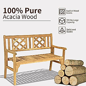 Tangkula Folding Wood Garden Bench, 2 Person Foldable Acacia Patio Bench with Heavy Duty Structure, Locks, Wide Curved Armrest and Backrest,for Yard, Deck, Balcony, Park (Teak)