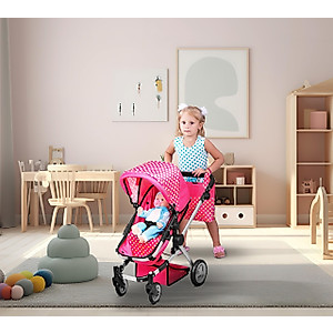 Fash N Kolor | Foldable Pram for Baby Doll with Flower Design with Swiveling Wheel Adjustable Handle Bassinet Stroller with Baby Doll, Convertible Seat, and Basket, and Free Carriage Bag