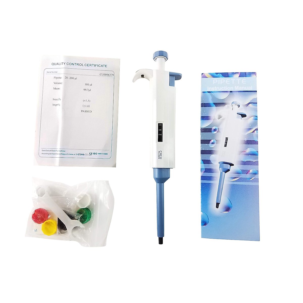 Set of 3 Variable Volume Single Channel Pipettes, Adjustable Pipettors, 0.5-10 µl, 10-100 µl, 100-1000 µl with 3 boxes of sterile pipette tips