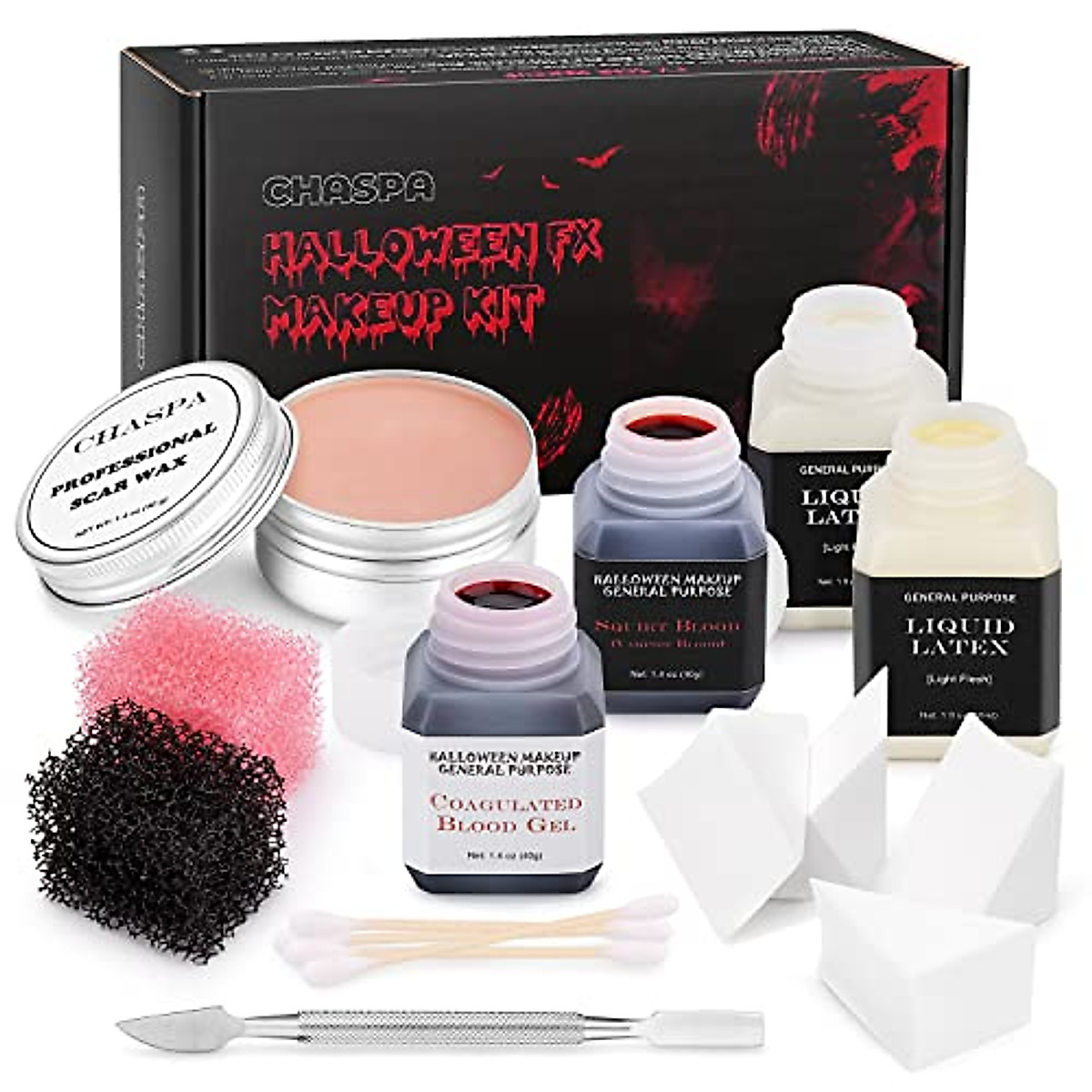 CHASPA Halloween Liquid Latex Special Effects SFX Makeup Kit - Scar Wax + 2 Btl Liquid Latex + 2 Btl Fake Blood + Spatula Tool + 2Pcs Stipple Sponge + 4Pcs Makeup Sponges + Cotton Swabs