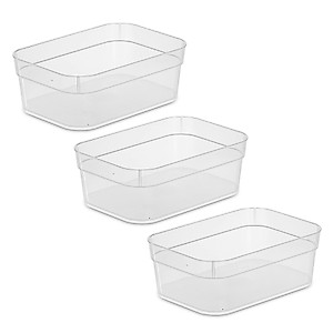 Sterilite 13558608 Medium Storage Trays with Sturdy Banded Rim and Textured Bottom for Desktop and Drawer Organizing, 3-Pack, Clear