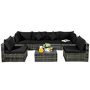 SLNFXC 7PCS Patio Rattan Furniture Set Sectional Sofa Garden Black Cushion Corner Sofas and Single Sofas