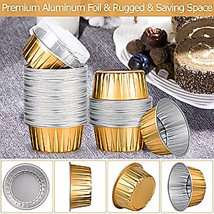 Dessert Containers with Lids,50-Pack Gold Aluminum Foil Baking Muffin Liners Cups Holders, Reusable Dessert Pudding Cups for Wedding,Christmas,Kitchen,Birthday Party,Various Parties