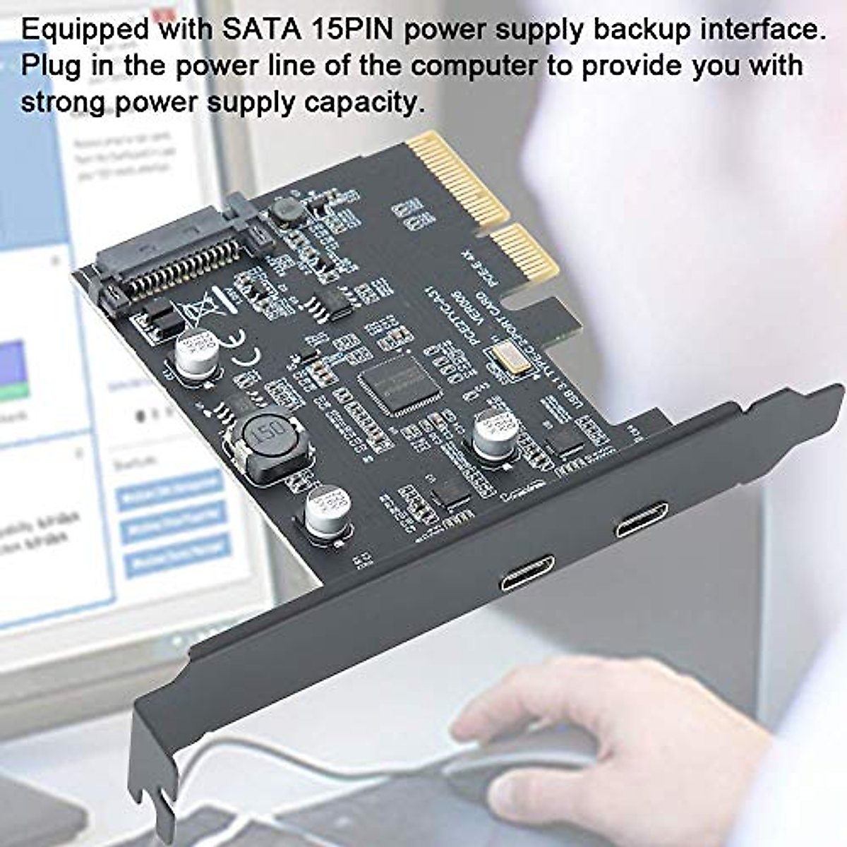 BEYIMEI PCI-Express 4X to USB 3.1 Gen 2 (10 Gbps) 2-Port Type C Expansion Card Asmedia Chipset,Integrated SATA15PIN Power Supply Interface,for Windows 7/8/10/MAC OS 10.14