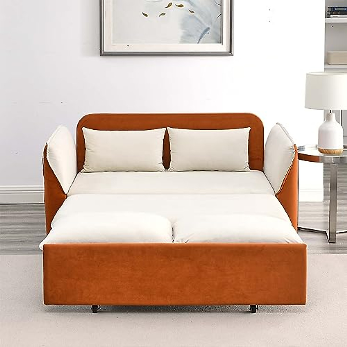 JEEOHEY Pull Out Sleeper Sofa Bed,Convertible Loveseats Sofa Chair,Revesible Velvet Fabric Couch Bed with Cushions&Throw Pillows for Living Room/Apartment/Office/Small Place (Orange)