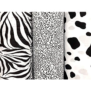 AMORNPHAN Set of 3 Black and White Animal Printed TC Cotton Fabric Leopard Zebra Cow Fat Quarters for DIY Sewing Crafts 18" x 22"