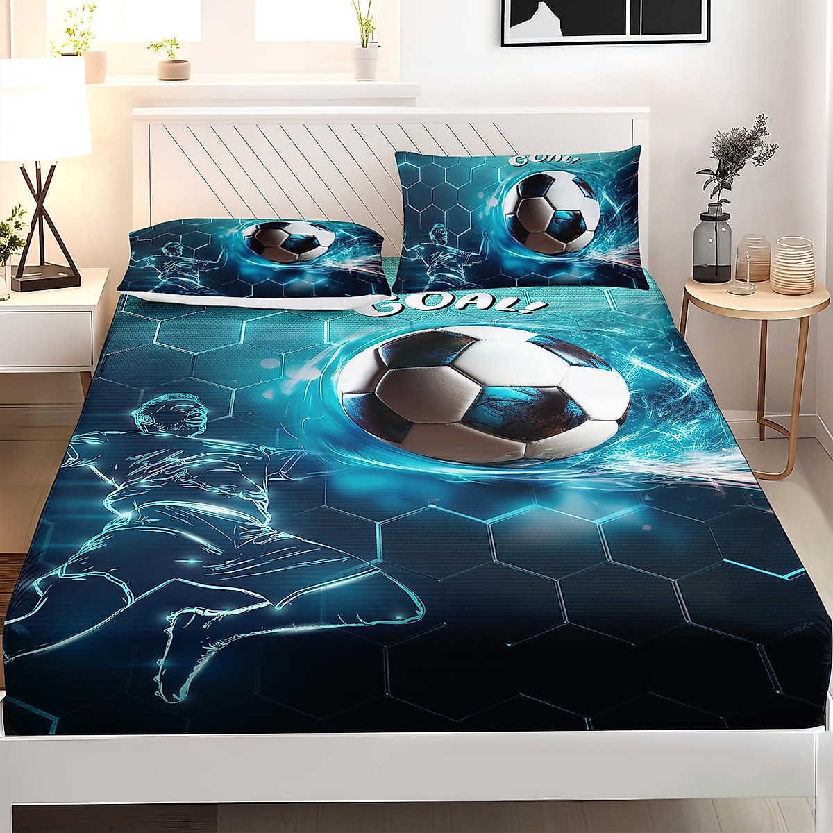 AILONEN Boys Soccer Printed Fitted Sheet Set Queen Size,Football Player Blue Bed Sheet Set,Sports Fitted Sheet with 2 Pillowcases,3 Piece Speed Soccer Bedding Set for Kids Teens Men