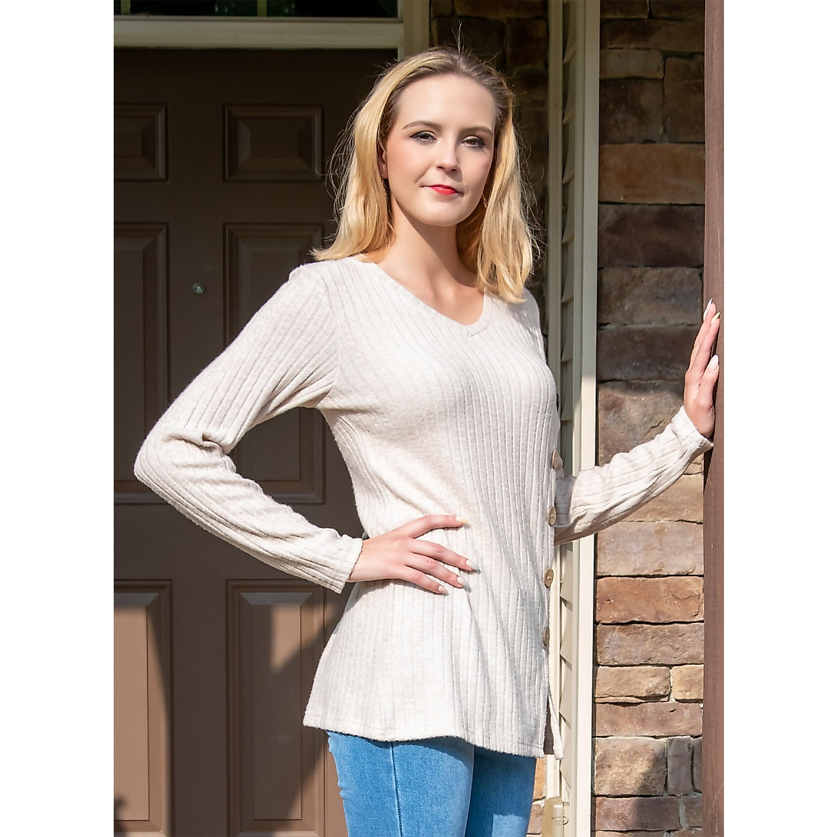 Dimur Fall Sweaters for Women 2023 V Neck Long Sleeve Shirts Going Out Tops 2023 Apricot Small