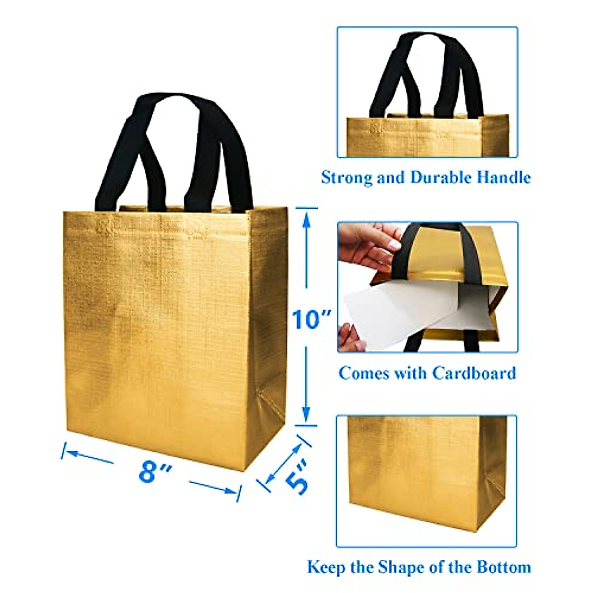 HUANN 12 Pcs Gold Gift Bags Medium Size Shine Reusable Gift Bags with Handles Metallic Glossy Non Woven Gift Bags for Wedding Christmas Party Birthday 8 x 5 x 10 Inch