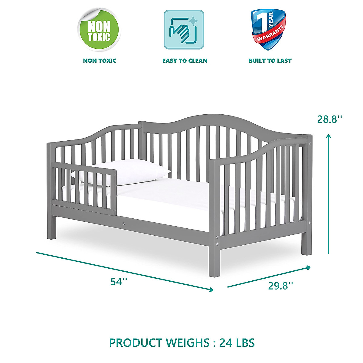 Dream On Me Austin Toddler Day Bed in Steel Grey, Greenguard Gold Certified, JPMA Certified, Non-Toxic Finishes, Low to Floor Design, Side Safety Guard Rail
