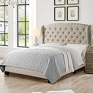 Rosevera Torrey Wingback Platform Tufted Headboard Adjustable Height Fabric Upholstered Bed Frame/Wood Slat Support/Easy Assembly, King, Linen Beige