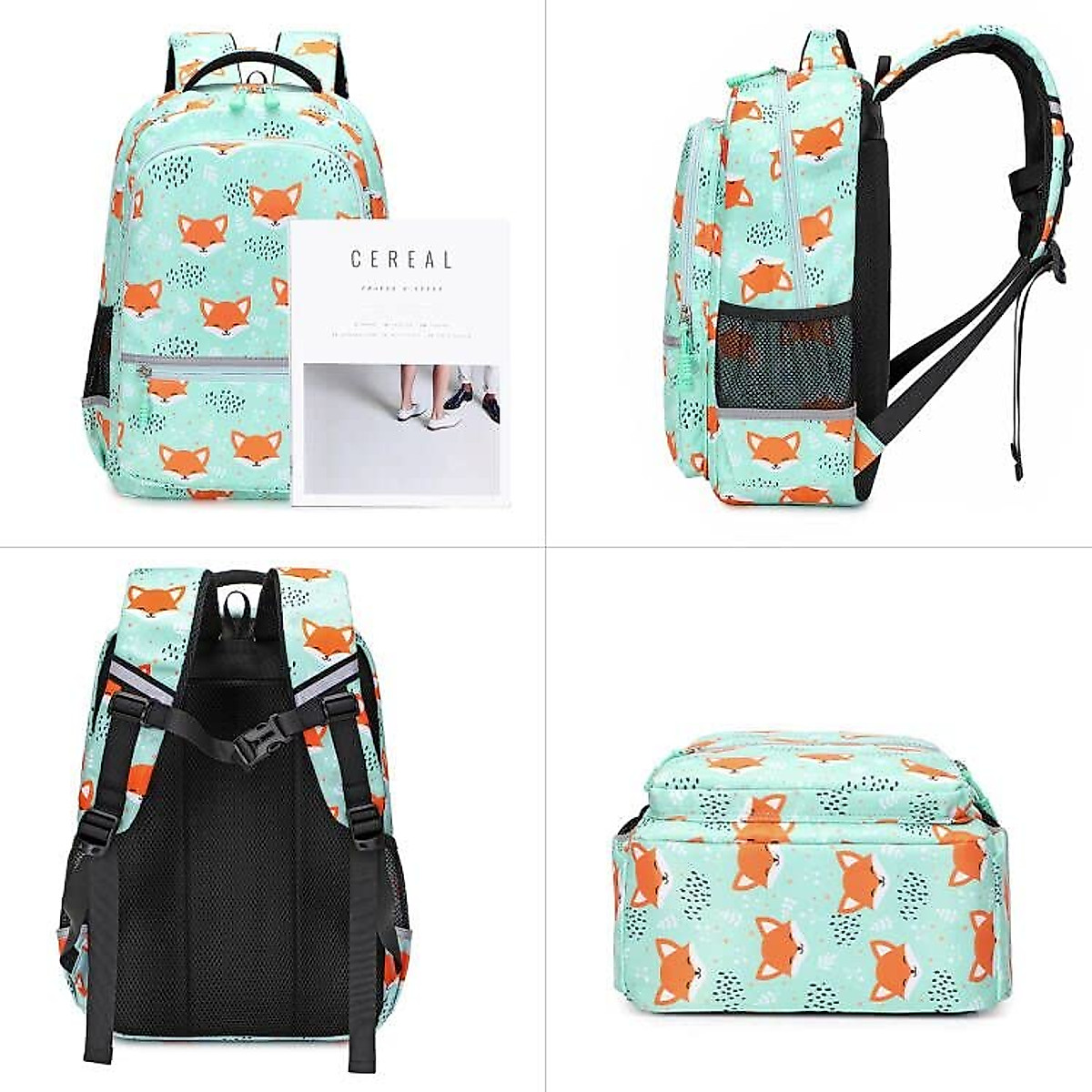 Backpacks for Girls Fox School Bags Kids Elementary Bookbag with Lunch Box and Pencil Case for Age 3+ (Green Fox)
