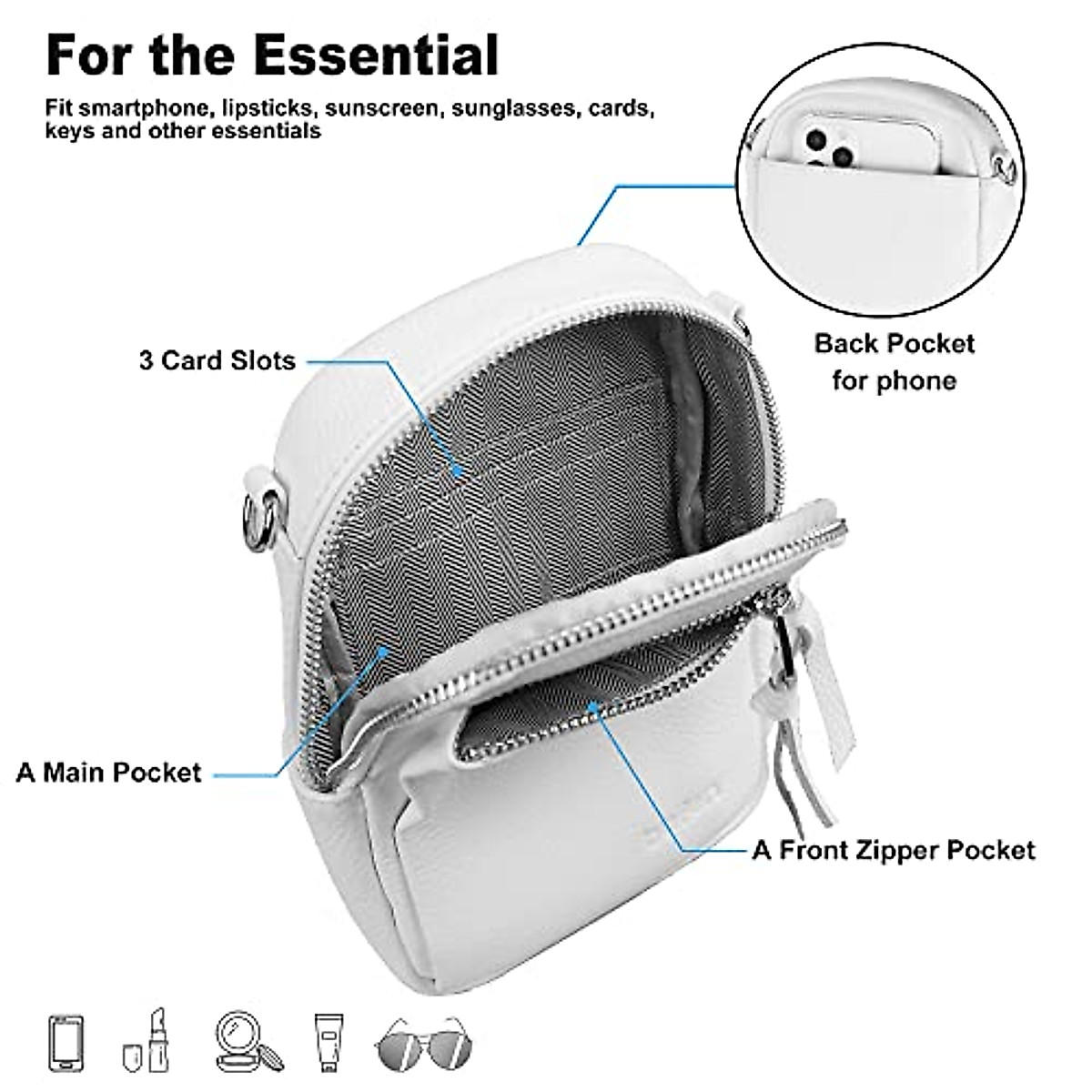 befen Small Genuine Leather Crossbody Bag Wallet purse with Cell Phone Pocket for Women White