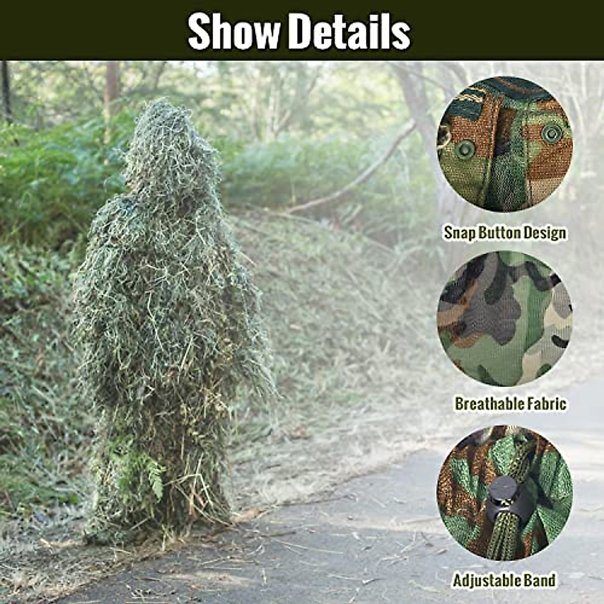 Slendor 6 in 1 Ghillie Suit, 3D Camouflage Hunting Apparel Camo Hunting Clothes, Bushman Costume Including Jacket, Pants, Hood, Carry Bag, Suitable for Kids, Hunters, Paintball