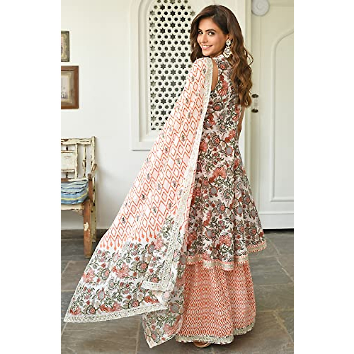 Janasya Indian Women's White Cotton Floral Block Print Kurta with Sharara and Dupatta(J0472-KR-SHA-L)