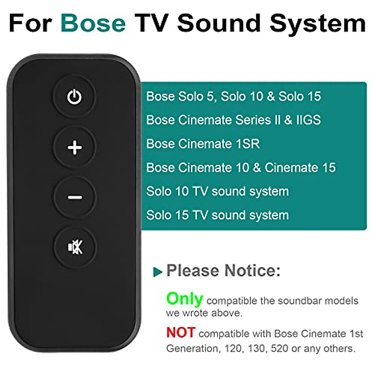 Replacement Remote Control for Bose Solo 5 10 15 Sound Bar, Replace for Bose Solo Cinemate Series II IIGS 1SR 10 & 15 Remote with CR2025 Battery