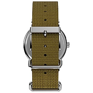 Timex Unisex Weekender 38mm Watch – Silver-Tone Case White Dial with Olive Fabric Slip-Thru Strap