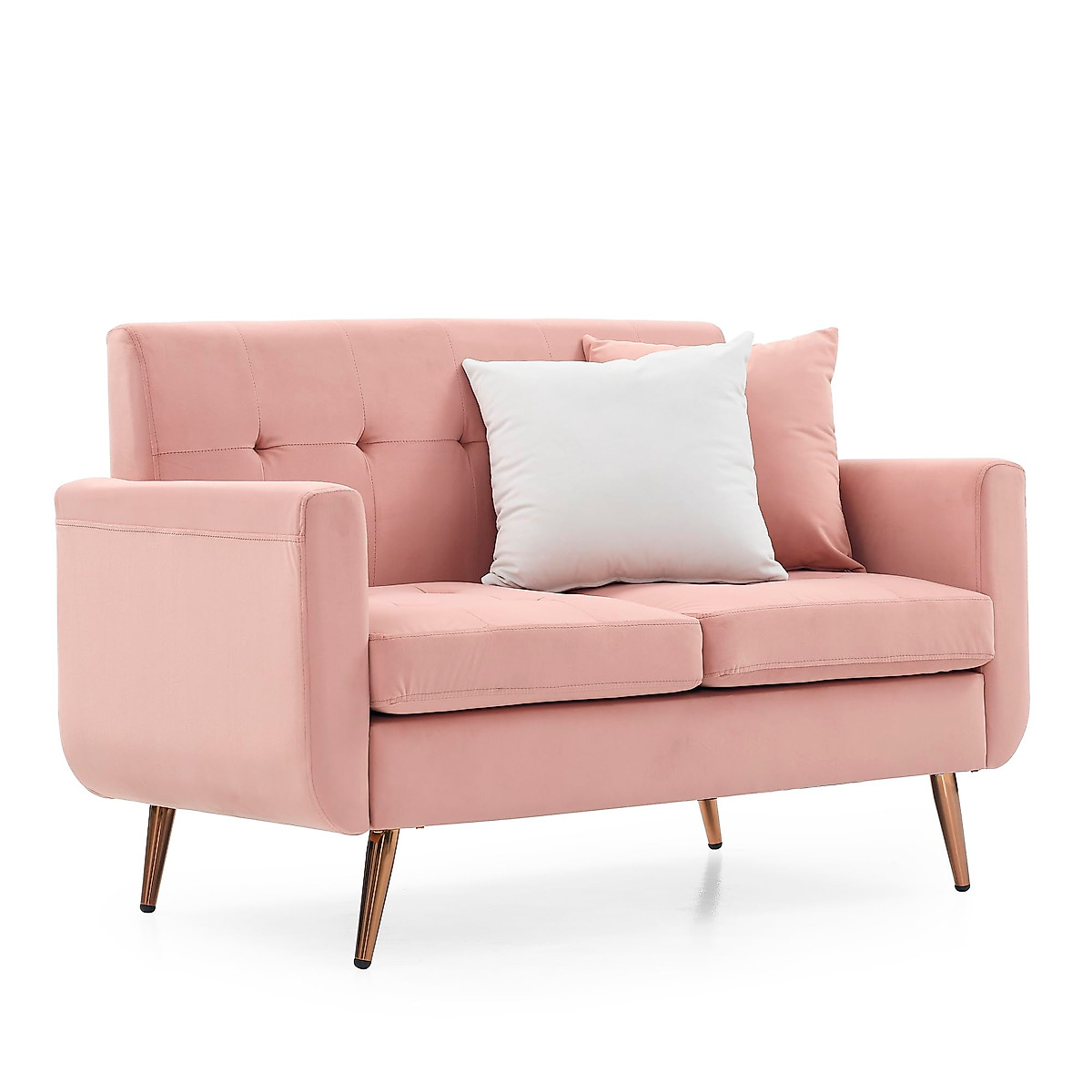 TZXTW Small Couches for Small Spaces, Modern Loveseat Sofa with Gold Iron Legs, Mid Century Decor Love Seat, Button Tufted Linen Fabric 2 Seat Sofa, for Living Room, Bedroom, Apartment, Office,Pink