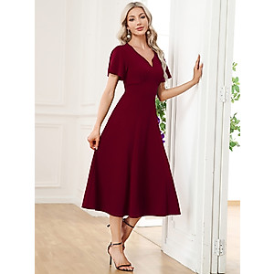 Ever-Pretty Women's Summer V-Neck Ruffles Sleeves Pleated Midi Evening Dress with Sleeves Burgundy US8