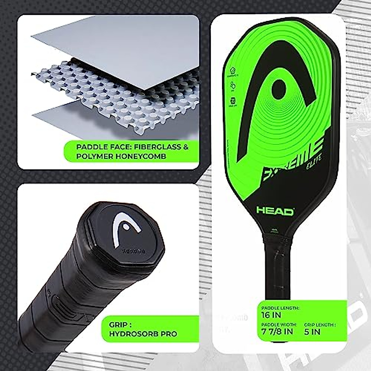 HEAD Extreme Elite Fiberglass Paddle with Honeycomb Polymer Core & Comfort Grip, Green/Black, One Size
