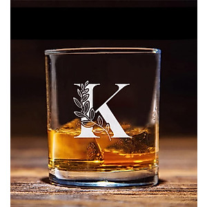 Floral Monogram ' K ' Whiskey Glass - Letter A-Z Engraved - Stemless Whiskey Glass - Gifts For Dad - Mother's Day - Gift For Mom - Gifts For Coworkers