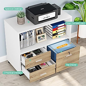 Tribesigns 3 Drawer File Cabinet with Lock, Mobile Lateral Filing Cabinet with Rolling Wheels, Large Printer Stand with Open Storage Shelves for Home Office