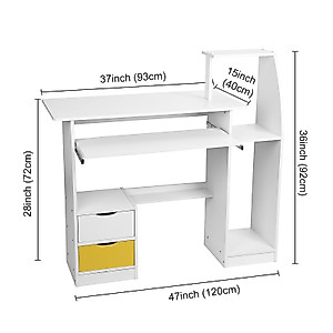 Honrane Computer Desk with 2 Drawers and 3 Hutch Shelves, 47" Gaming Desk with Wide Desktop and Keyboard Drawer, Wood Home Office desks,Modern Writing Desk White