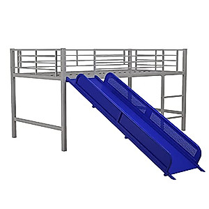 DHP Junior Twin Metal Loft Bed with Slide, Multifunctional Design, Silver with Blue Slide