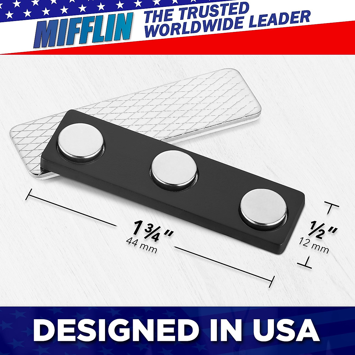 Mifflin-USA Name Tag Magnets (10 Badge Holder Magnets, 1.75 x 0.5 inches), Name Tag Magnet Backs w/ 3 Extra-Strong Neodymium Magnets for ID Badge Holders