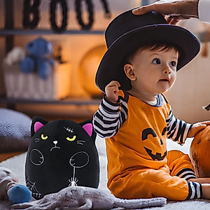 cheerdecor Black Cat Plush - 9" Halloween Cat Stuffed Animals Cool Cat Plush Pillow Soft Cat Plushie with Spider Toy Black Cat Plushies Gift Kids Creepy Cute Spider Black Cat Plush Pillow - Ebon