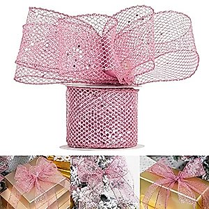 HUIHUANG Pink Glitter Wired Ribbon Web Mesh Ribbon Wired Metallic Sparkling Wire Edge Ribbon for Gift Wrapping Wreaths Making Christmas Tree Topper Bows Home Decor DIY Crafts -2.5" x 10 Yards