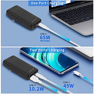 Flat USB c Wall Charger, 65W GaN USB c Wall Charger, Ultra Slim Wall Charger, Folding Travel Dual Port USB Wall Charger, for Laptops, Tablets, Phones, Black