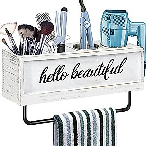 Anwelynd Rustic Hair Dryer Holder Wall Mounted, Hair Tools and Styling Organizer with Towel Bar, Farmhouse Beauty Hair Appliance Holder for Flat Iron, Curling Wand, Towel Rack