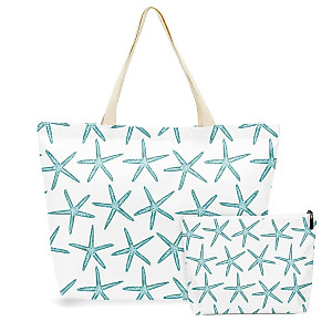 Tote Bag Makeup Bag Starfish Decor Beach Bag Ocean Sea Animals Starfish Story Birthday Christmas Gifts for Women Girls Best Friend Sister Waterproof Tote Bag with Zipper Cosmetic Bag Set of 2