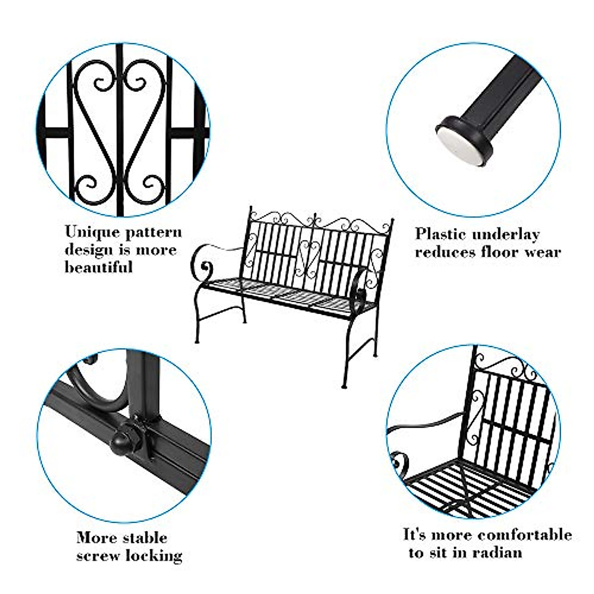 VINGLI Patio Steel Garden Bench with Black Finish, Weather Resistant Patio Metal Bench for Courtyards, Lawns, Balconies, Pools and Beaches