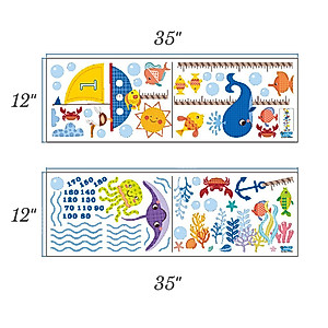 Wland 22 inches x 67 inches Undersea Fish Whale Octopus Crab Growth Chart Removable Vinyl Wall Decals Stickers for Children Room Nursery