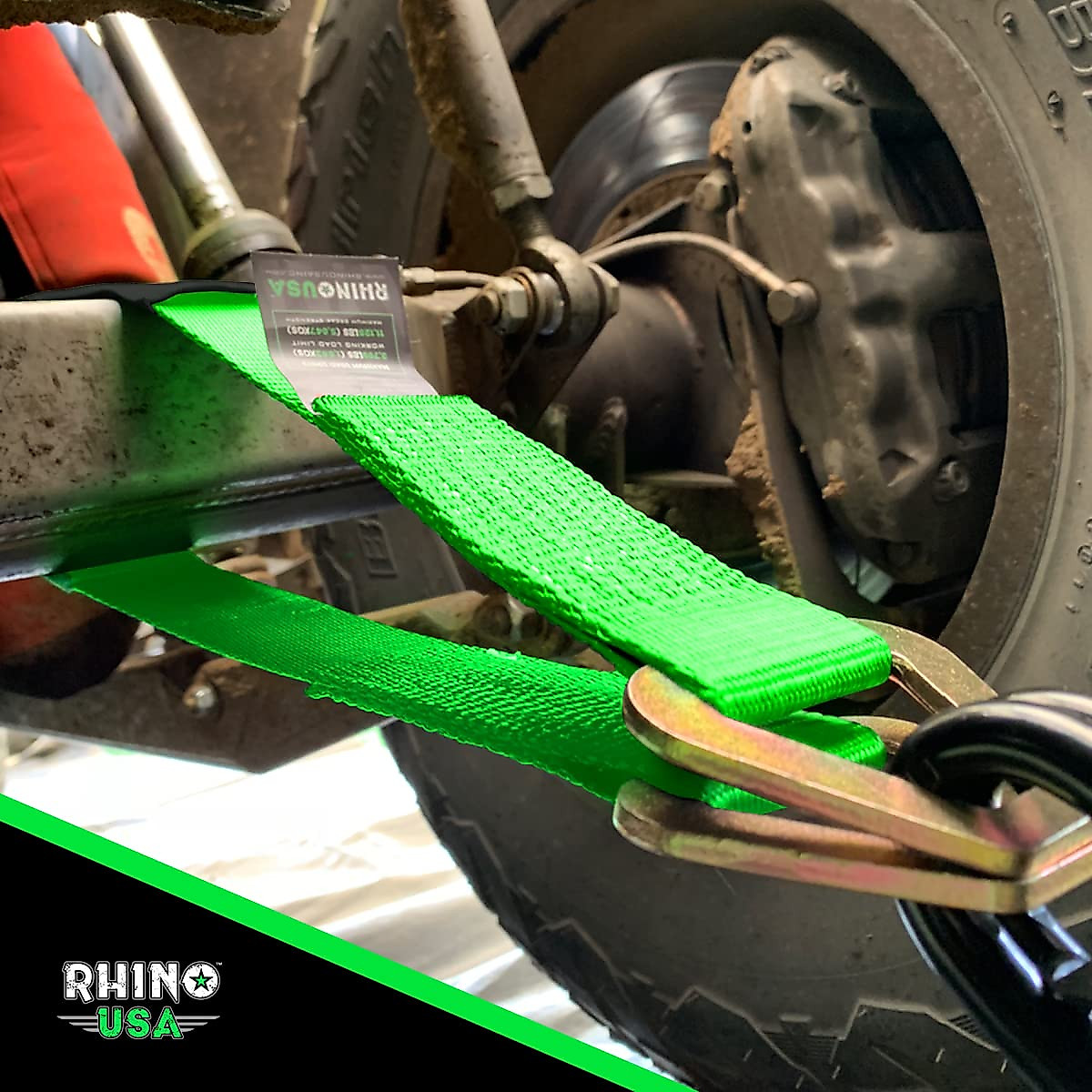 Rhino USA Axle Tie Down Straps - Lab Tested 11,128lb. Break Strength - Heavy Duty Protective Sleeves & D Rings to Ensure Peace of Mind - Used for Car, Truck, Trailer, UTV & More! (4-Pack Set Green)