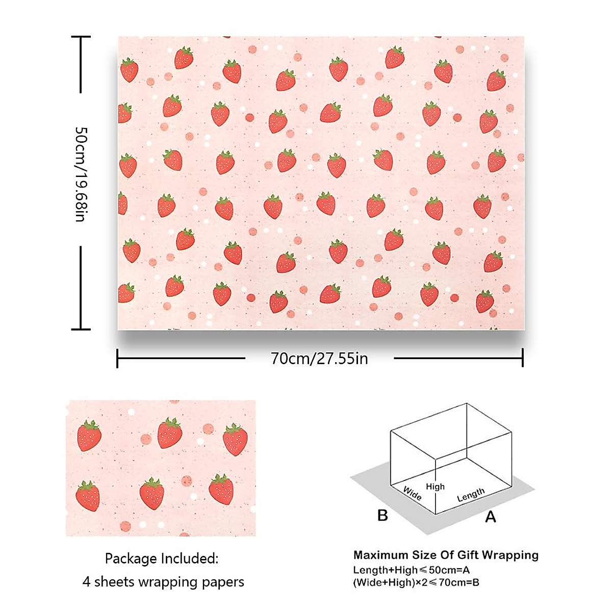 Geluode Strawberry Wrapping Paper, Pink Strawberry Gift Wrap Paper for Birthday, Baby Shower, Summer Hawaii Theme Party, Aloha Luau Pool Party, Holiday, 4 Sheets Folded Flat 20x28 inches