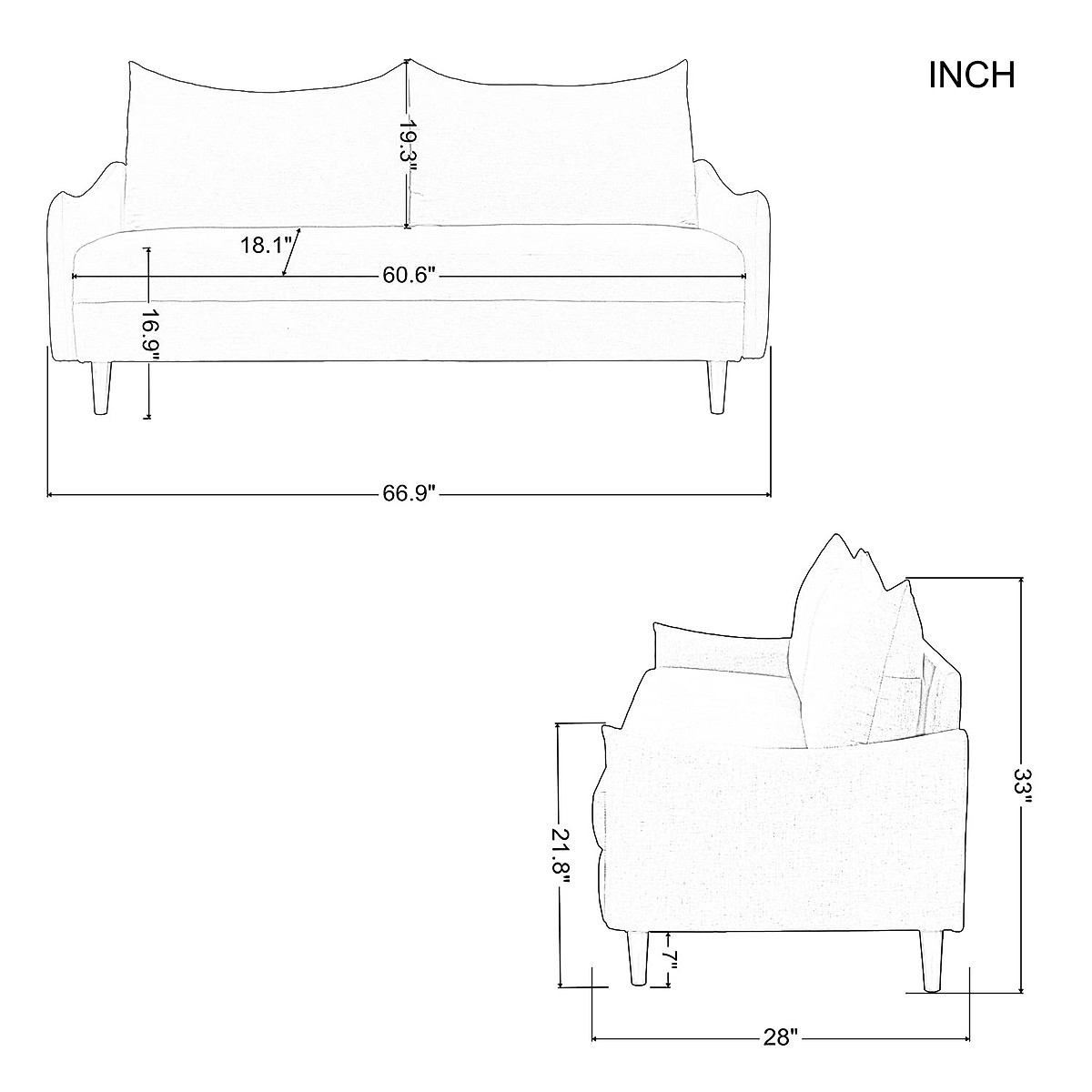 AnwickNomo Modern 67" Fabric Loveseat Sofa, 2-Seater Couch for Living Room, Small Space Furniture with Golden Legs, Upholstered Love Seats for Apartment, Bedroom, Living Room, Home Office (Dark Grey)