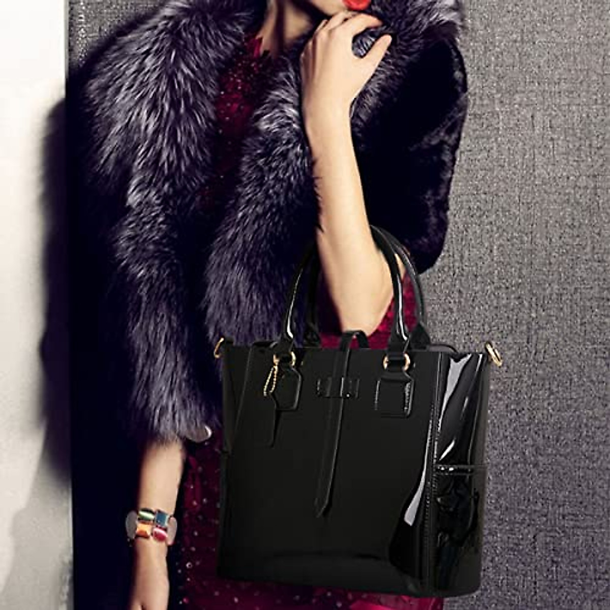 XingChen 3-PC Patent Women Handbag+Crossbody Bag+Card Bag Shiny Faux Leather Top Handle Satchel Shoulder Tote Bag Purses(Black)