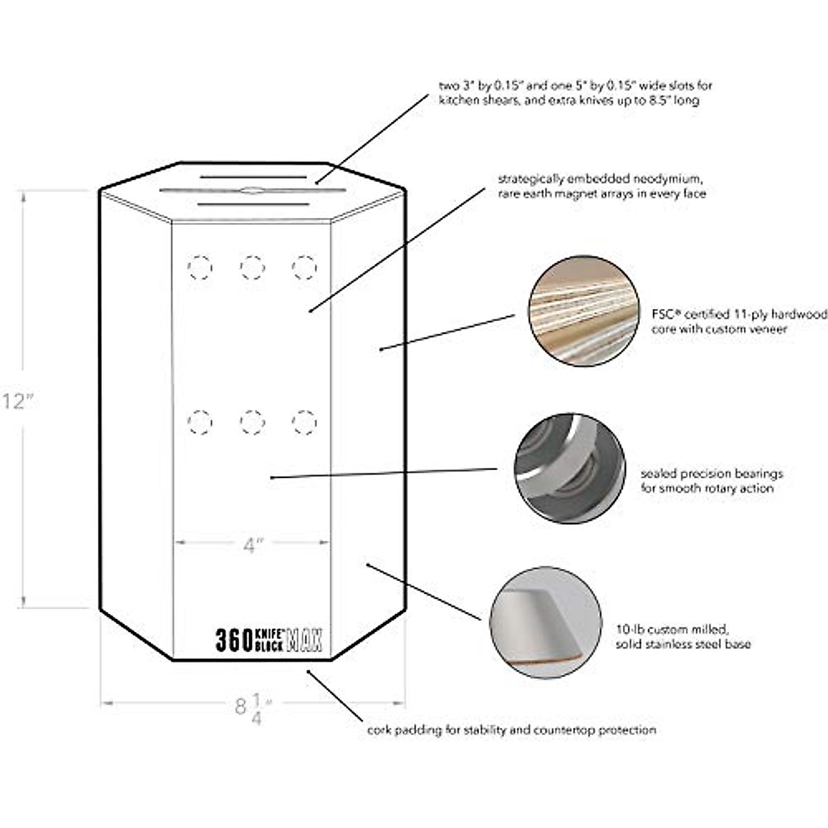 360KB MAX ™ - magnetic rotating knife block - w/top slots, capaciy for 20+ knives - largest in the 360 Knife Block ® family. (Honey Bamboo)