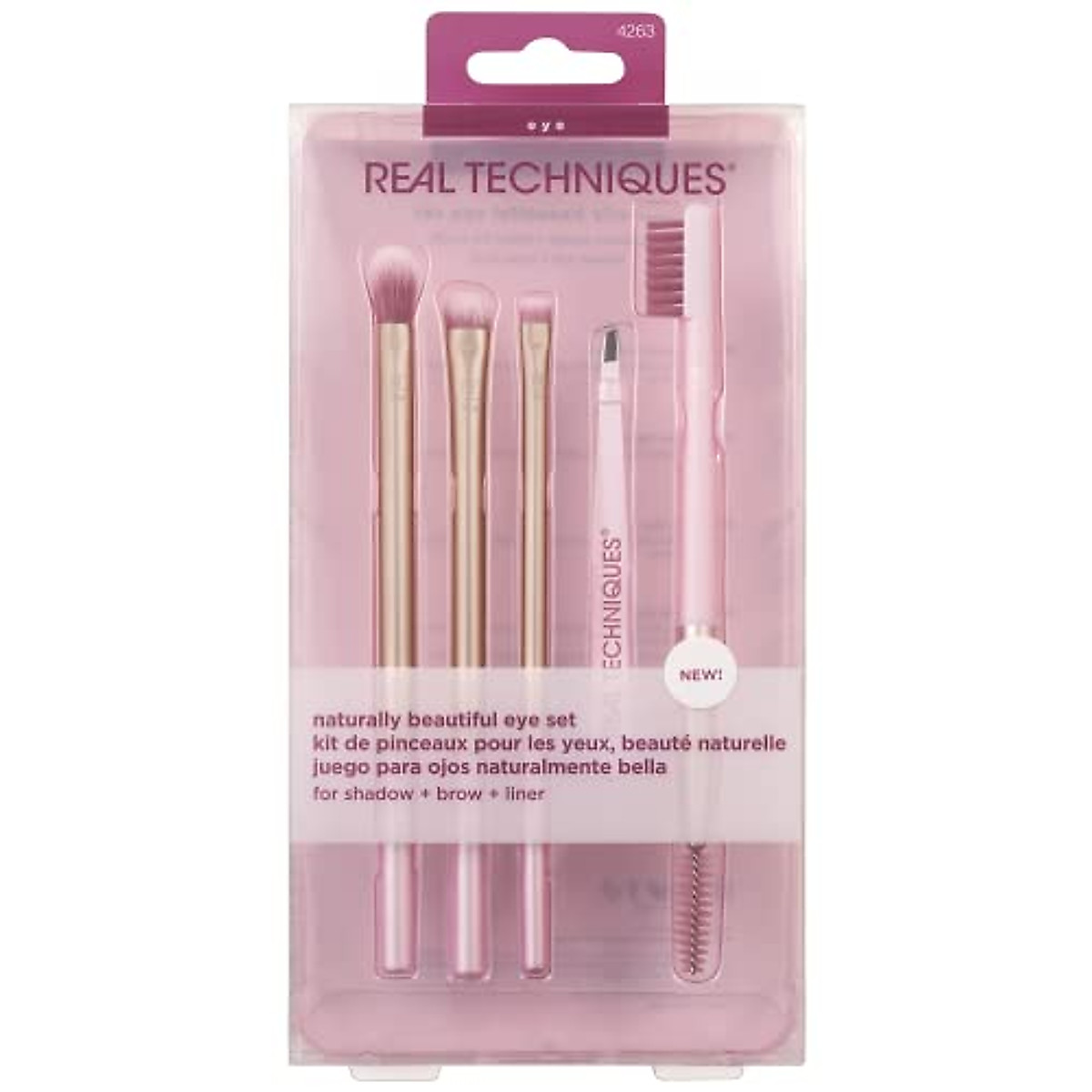 Naturally Beautiful Eye Set by Real Techniques for Women - 5 Pc Tapered Shadow Brush - 355, Brow Highlighter Brush - 354, Flat Liner Brush - 326, Brow Duo Brush - 353, Fine Point Tweezer
