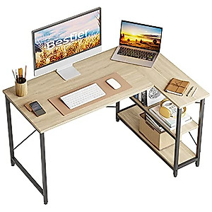 Bestier Small L Shaped Desk 47 Inch Computer Corner Desk with Storage Shelf Reversible Home Office Writing Study Table for Bedroom Small Space, Light Oak