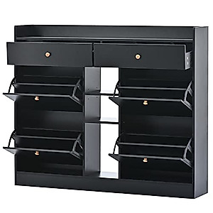 GIYZOKNI Modern Shoe Cabinet with 4 Flip Drawers, Multifunctional 2-Tier Shoe Storage Organizer with Drawers, Free Standing Shoe Rack for Entrance Hallway (Black)