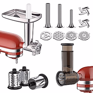 GVODE Meat Grinder & Slicer Shredder Attachments for KitchenAid Stand Mixer, Metal Meat Grinder with Sausage Stuffer Tubesand and Slicer Shredder Set, For Kitchenaid Mixer Attachments