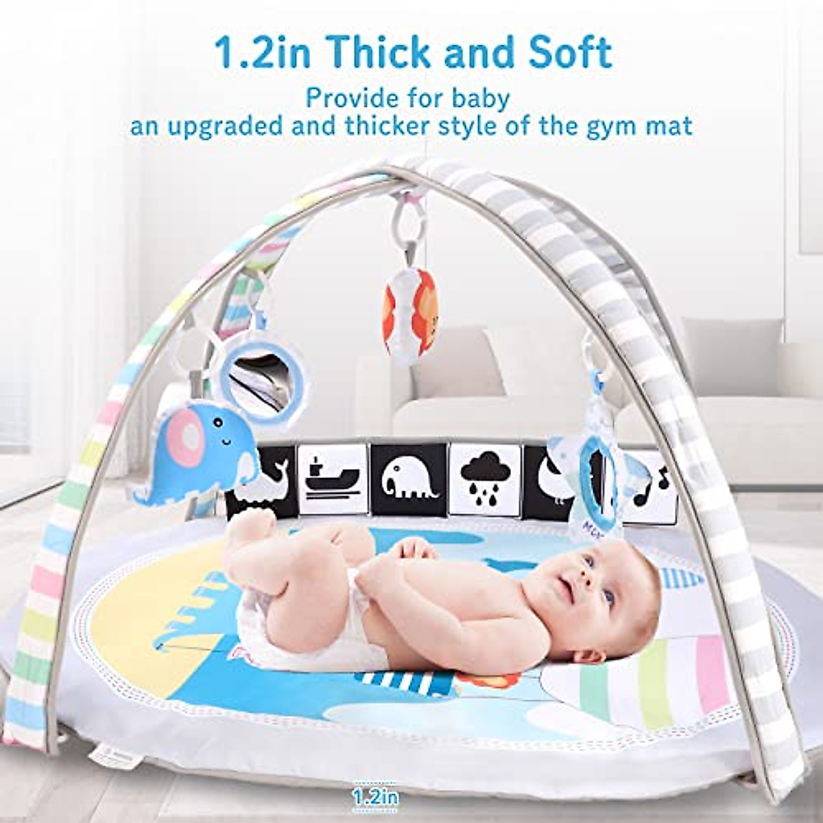 Baby Play Gym, Baby Play Mat Activity Gym with 2 Visual Replaceable Washable Mat Covers and 5 Toys Visual, Hearing, Touch, Cognitive Development for Baby to Toddler