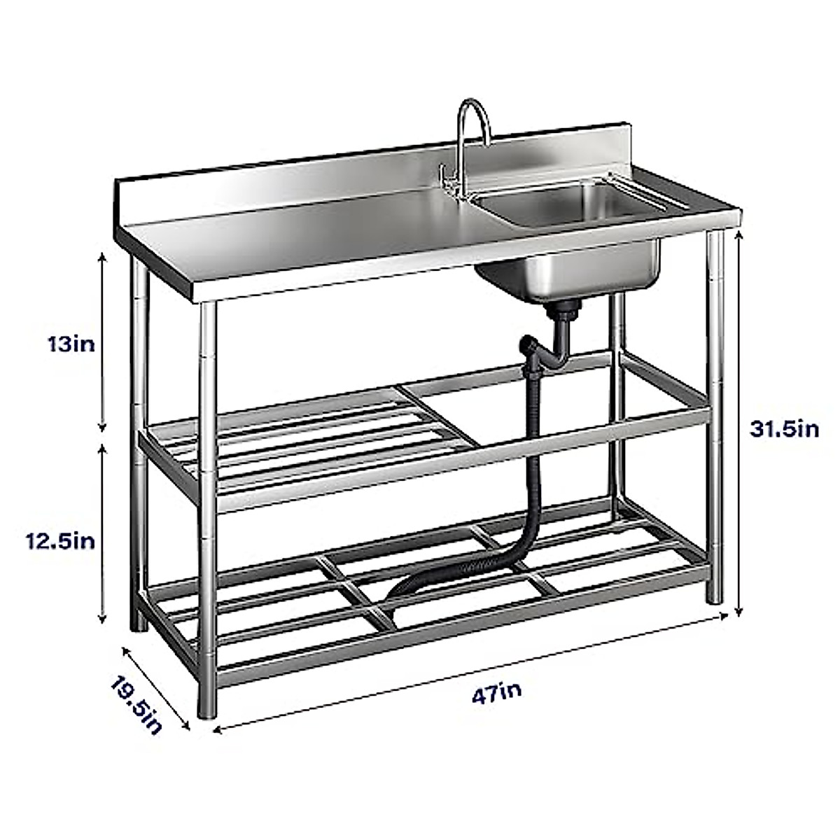 Outdoor Freestanding Stainless Steel Sink, Commercial Restaurant Kitchen Sink, Workbench Sink for Cafe Bar Hotel Garage Laundry Room Sturdy and Stable Easy to Assemble (Size : 47")