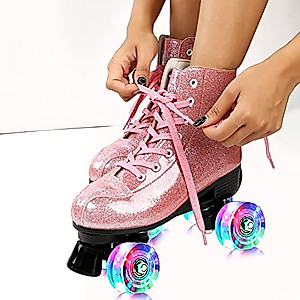 YYW Roller Skate for Women Men Light up Wheel - Double Roller Skater High-top PU Leather Roller Skate Shoes Adjustable PU Roller Skates with Four Piles for Adult Girls Beginners Pink